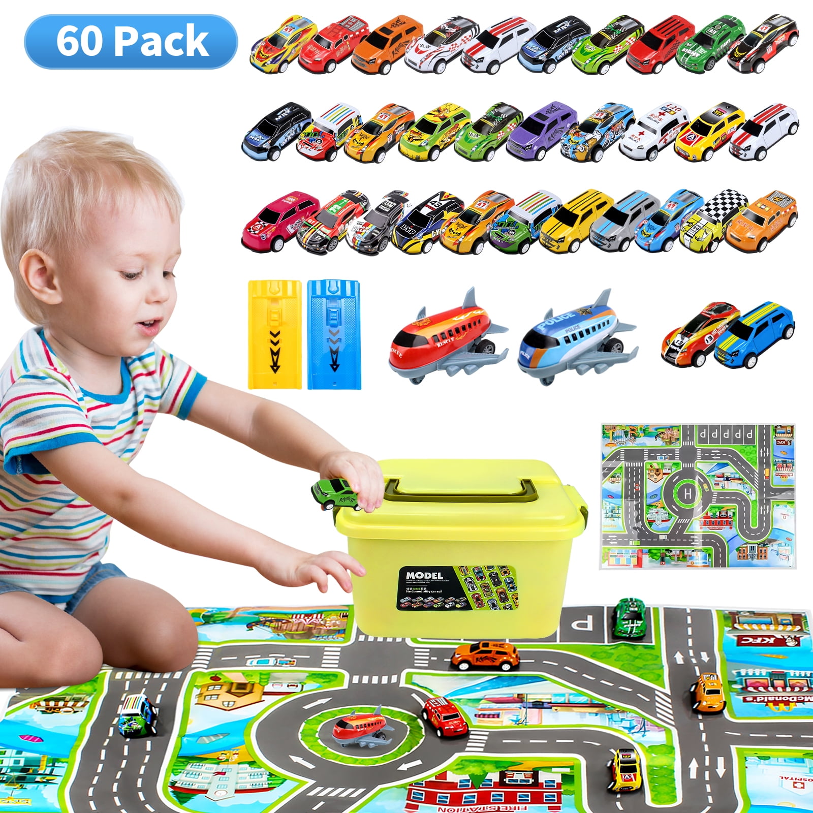 60 Pack Pull Back Toy Cars Planes with Storage Box Launcher & Map, Baby ...