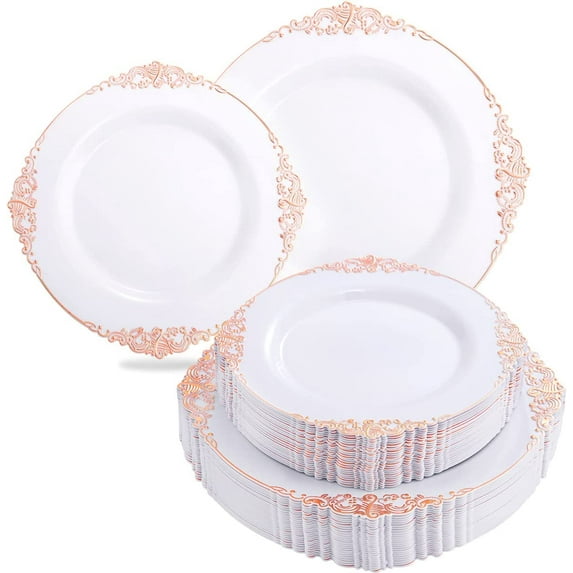 60 Pack Rose Gold Plastic Plates - White and Rose Gold Plate include ...