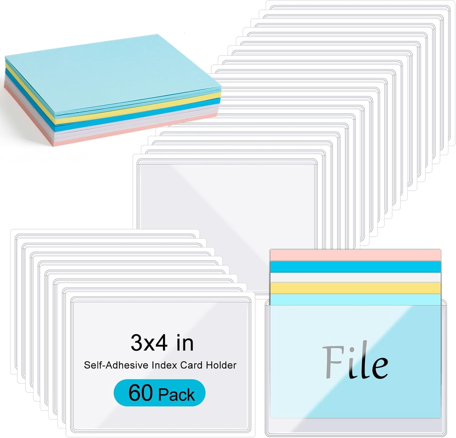 60 Pack Self-Adhesive Index Card Holder 3x4 in Clear Label Holder with ...