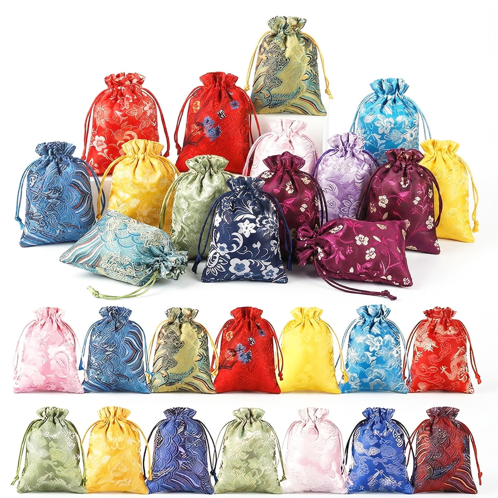 60-Pack Silk Drawstring Bags, 12 Assorted Styles Embroidered Pouches ...