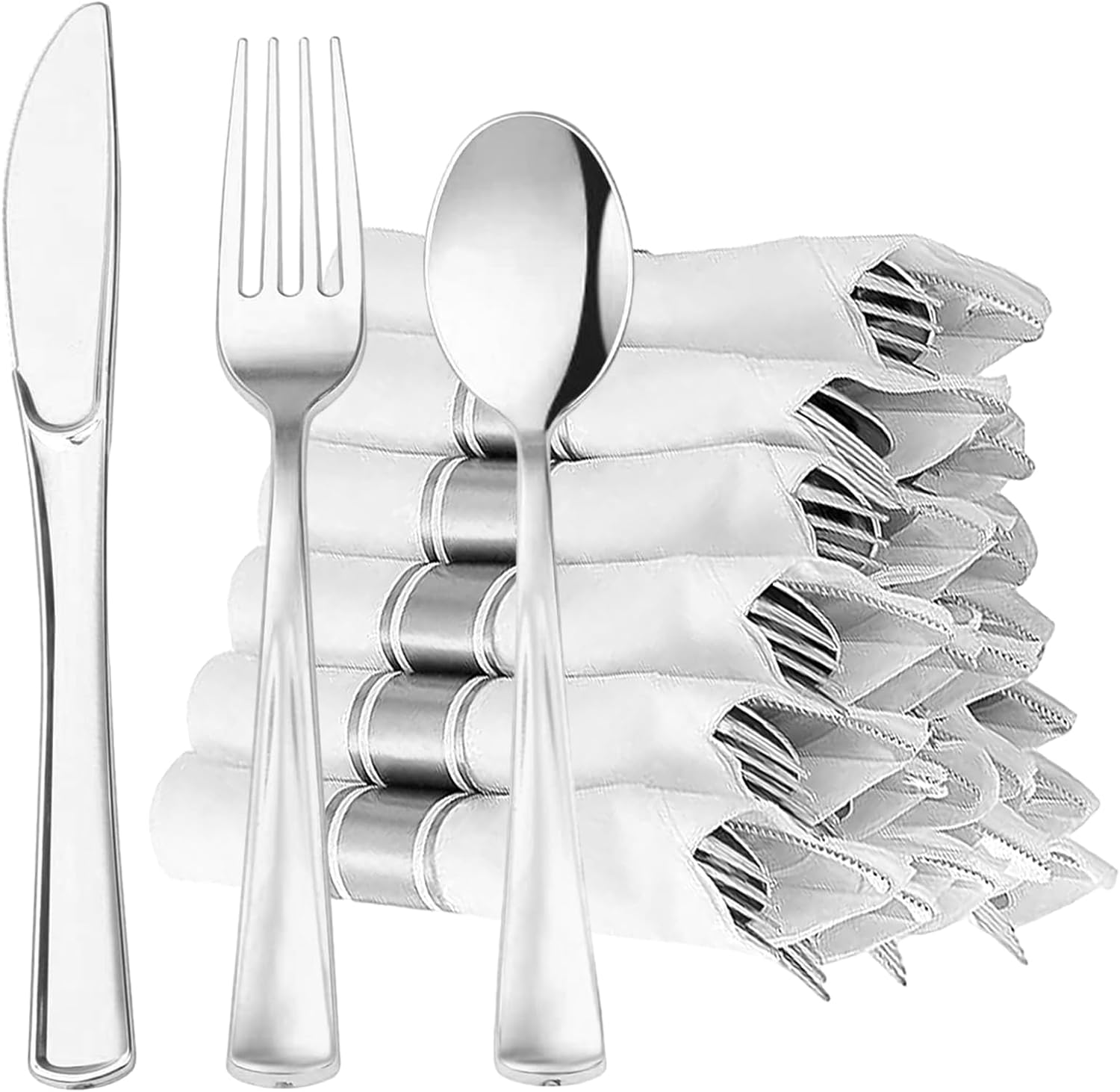60 Pack Silver Plastic Silverware Set - Pre Rolled Disposable Cutlery ...