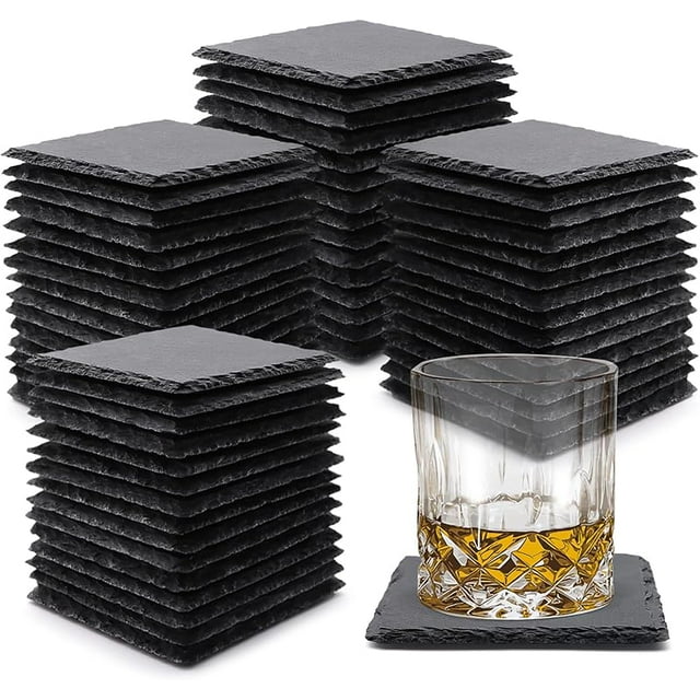60 Pack Slate Drink Coasters, VIBRATITE 4 Inch Black Slate Stone ...