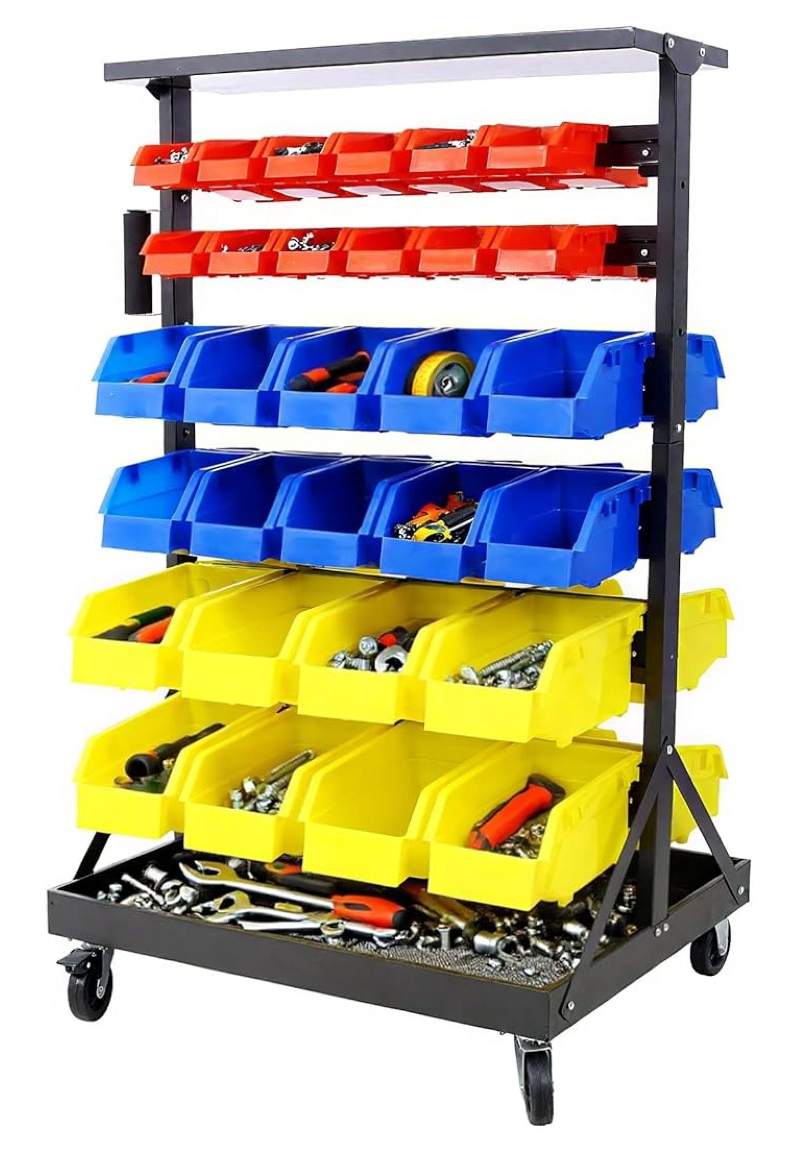 60 Parts Bin Rack Garage Storage Unit 6-Tier Dual-Sided Rolling Steel ...
