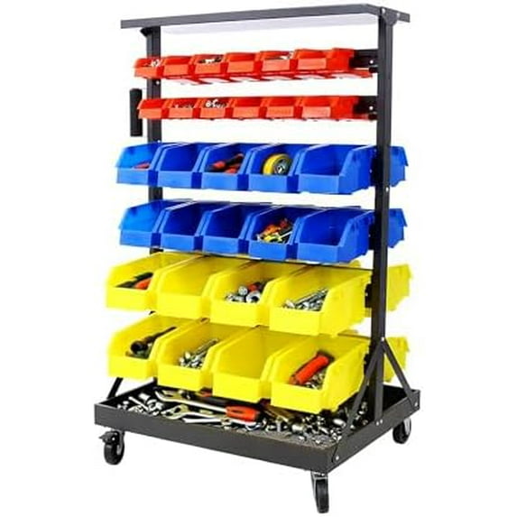 60 Parts Bin Rack Garage Storage Unit 6-Tier Dual-Sided Rolling Steel ...