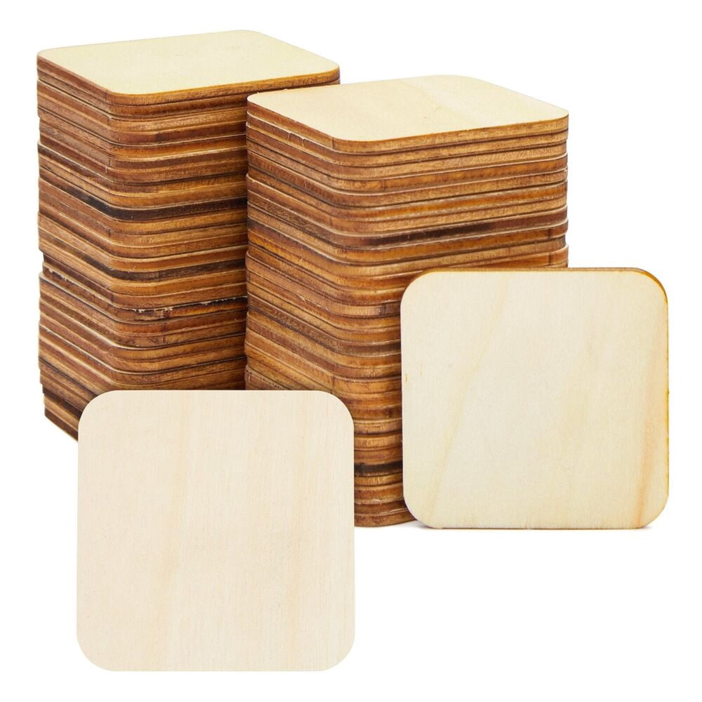 60 Pc 2x2 Unfinished Wood Squares for Crafts, Tile Pieces with Rounded ...