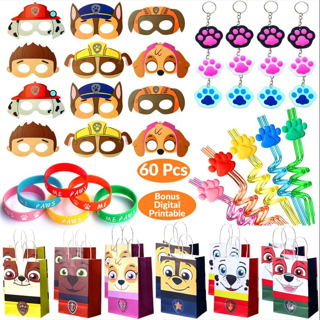 60 Pc Dog Paw Theme Party Supply Puppy Theme Paper Bags Wristband ...