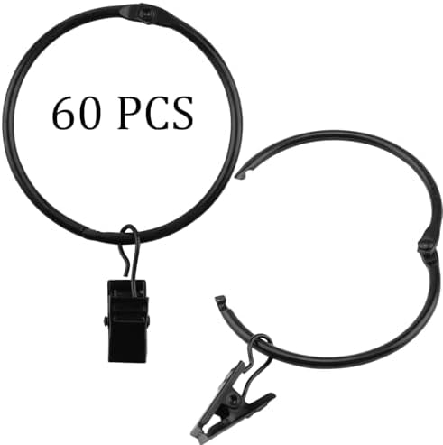 60 Pcs 1.26 Inch Black Curtain Rings with Clips, Openable Metal Drapery ...