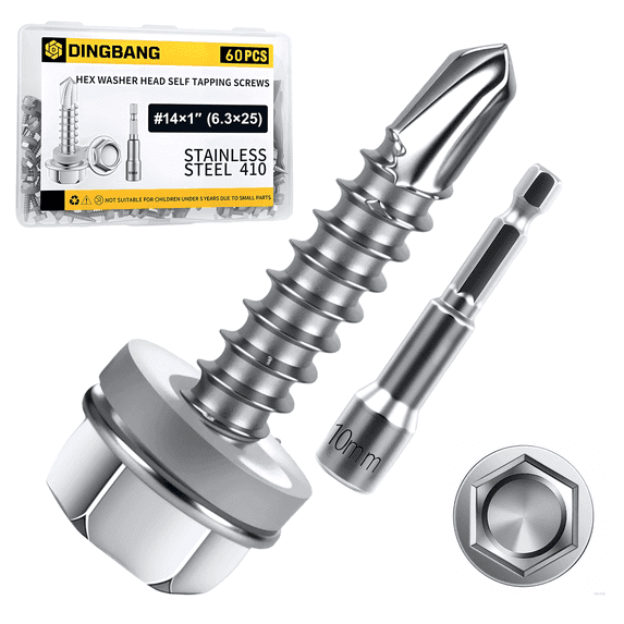 60 Pcs (#14×1"/6.3*25) 410 Stainless Steel Hex Head Self Tapping Screws ...