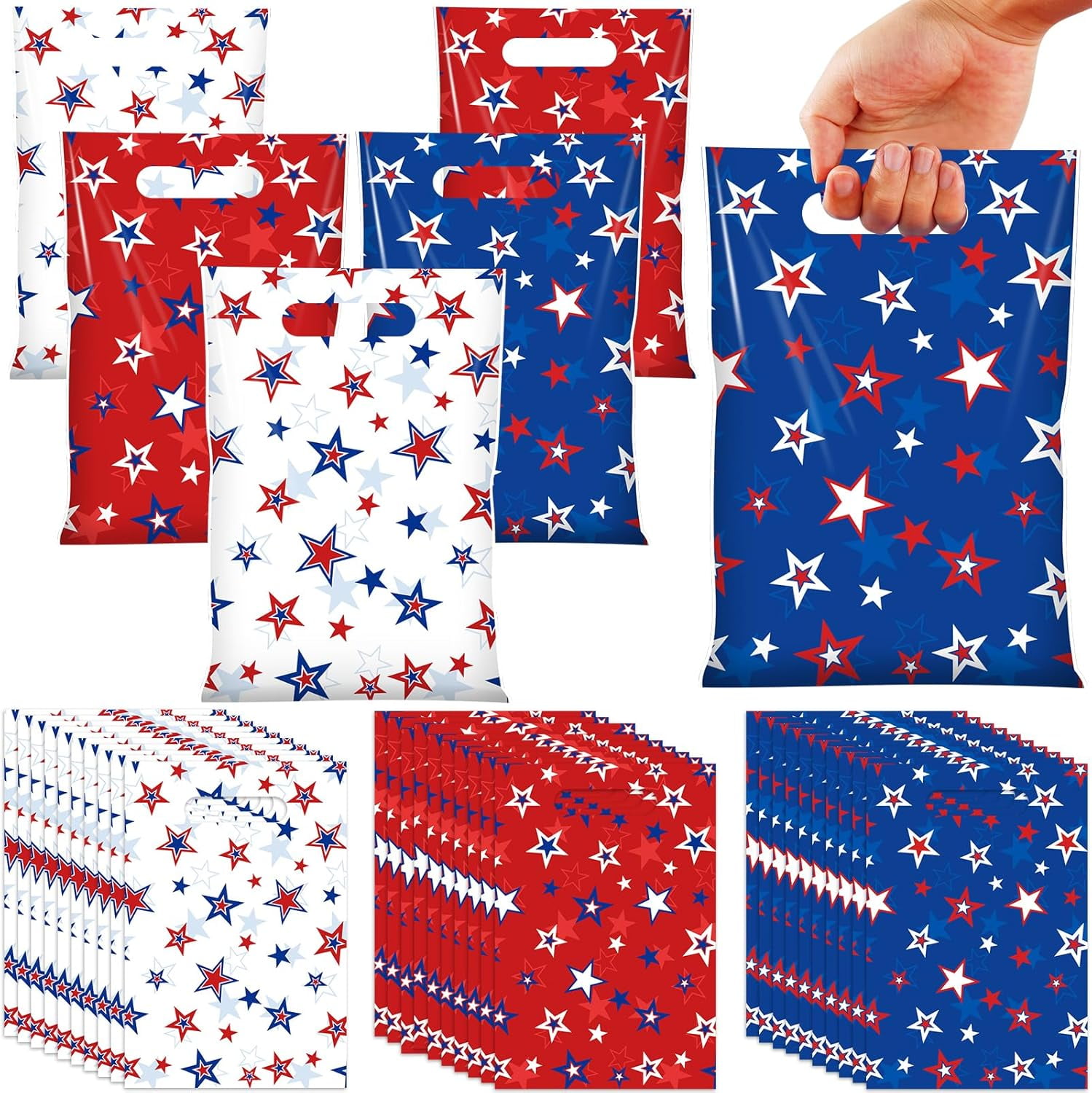 60 Pcs 4th of July Gift Bags Decorations,Plastic Blue White Red Star Goodie Bags with Handles ...