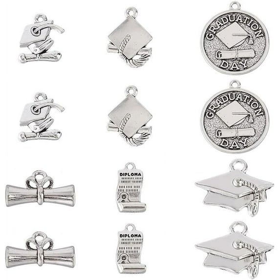 60 Pcs 6 Styles Alloy Graduation Charms Tibetan Style Graduation Cap ...