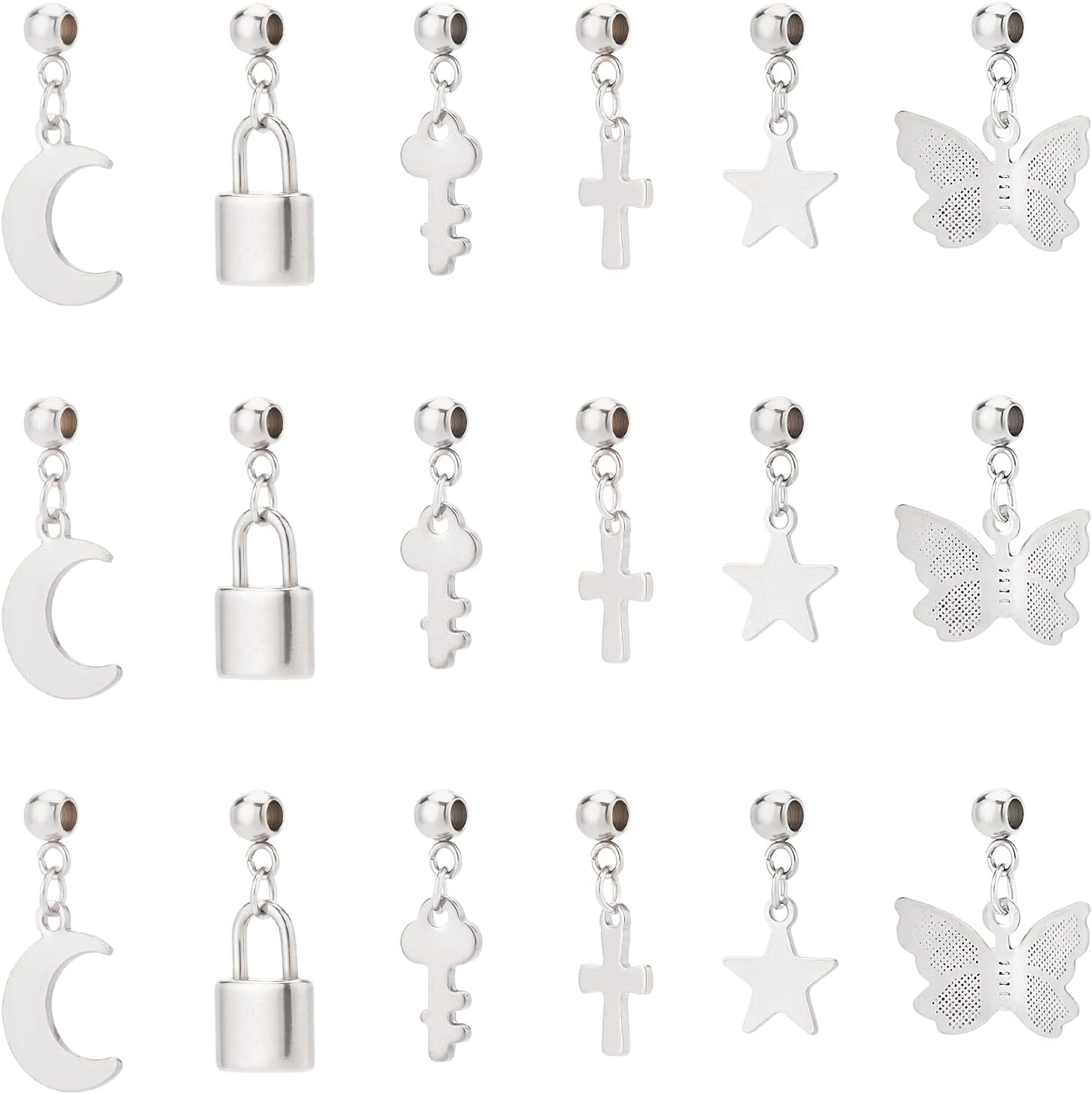 60 Pcs 6 Styles Antique Sliver Charms Star Moon Butterfly Key Lock ...