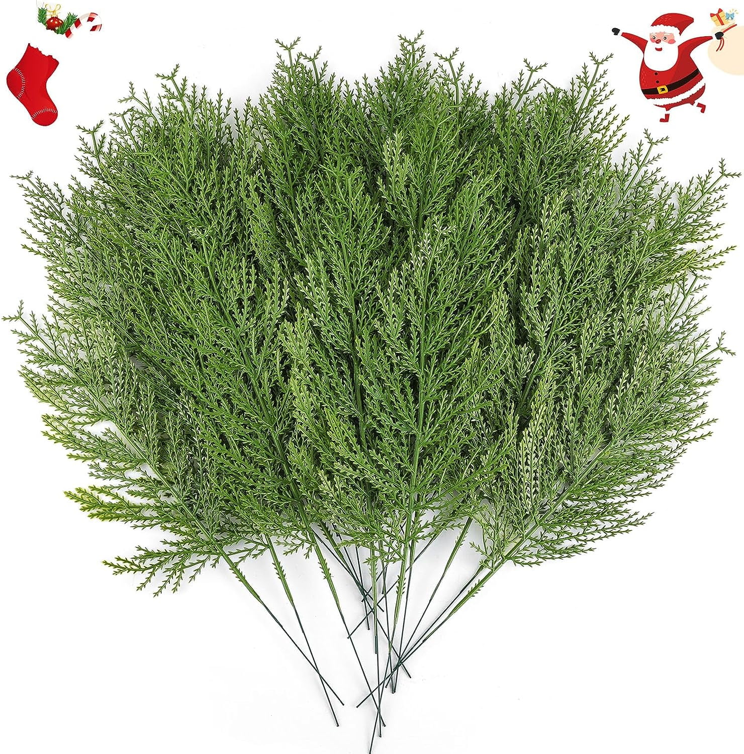 COOLMOVE 60 Pcs Artificial Cedar Sprigs, Green Pine Branches, 14-inch Realistic Vivid Christmas ...