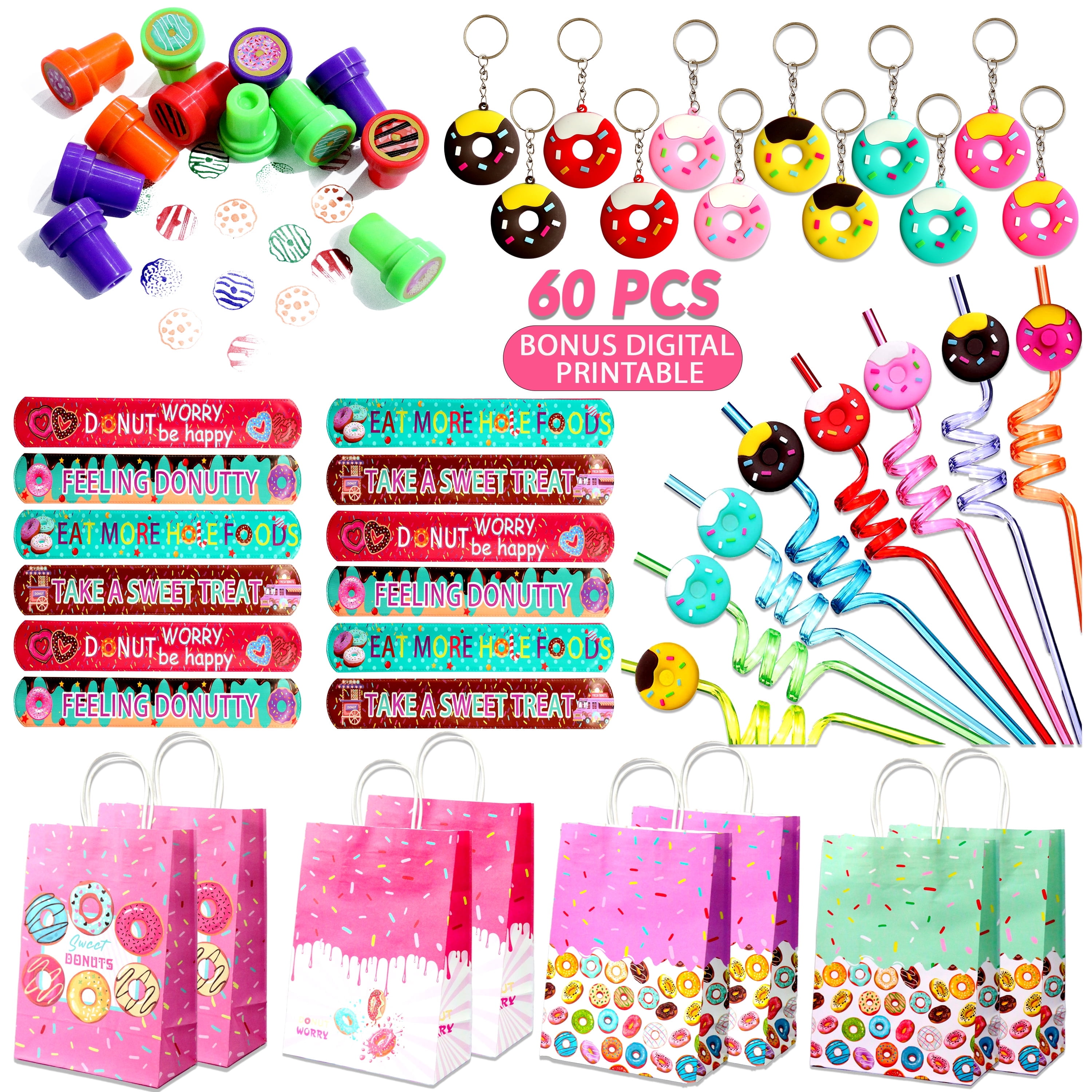 60-Piece Doughnut Party Kit - Paper Bags, Keychains, Straws, Wristbands ...