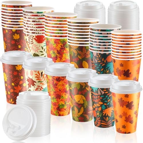 60 Pcs Fall Disposable Coffee Cups with Lids 16oz Maple Leaves Paper ...