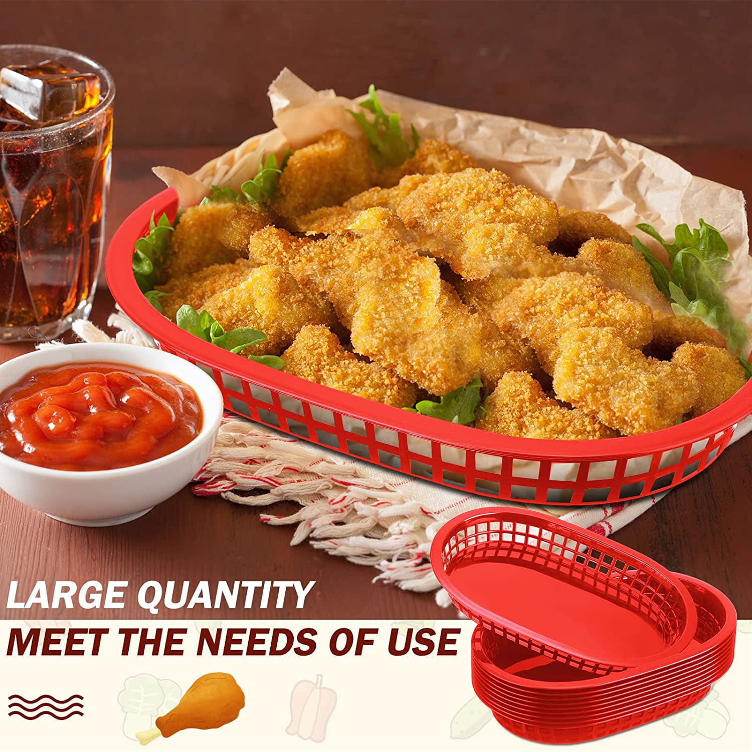 60 Pcs Fast Food Baskets - Red Plastic Oval Storage Baskets for ...