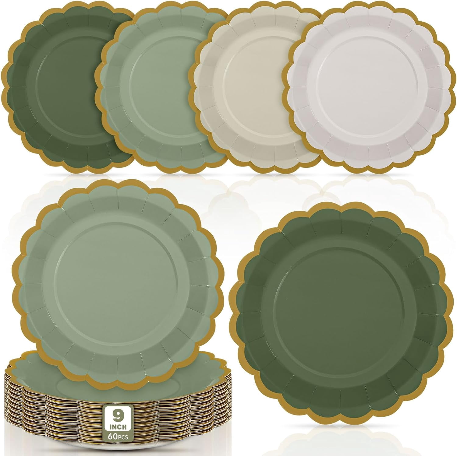 60 Pcs Gradient Sage Green Paper Party Plates 9 Inch Scalloped ...