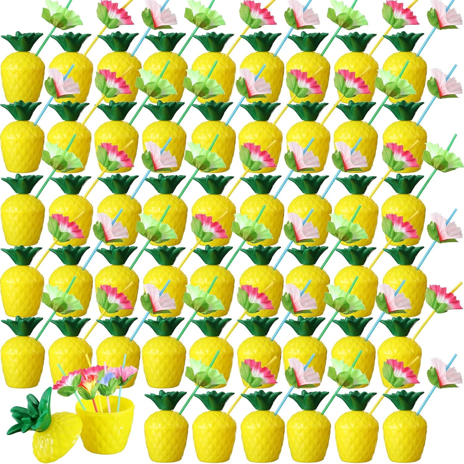 60 Pcs Pineapple Cups Plastic Pineapple Cups with Lids Hibiscus Straws Hawaiian Luau Cups with ...