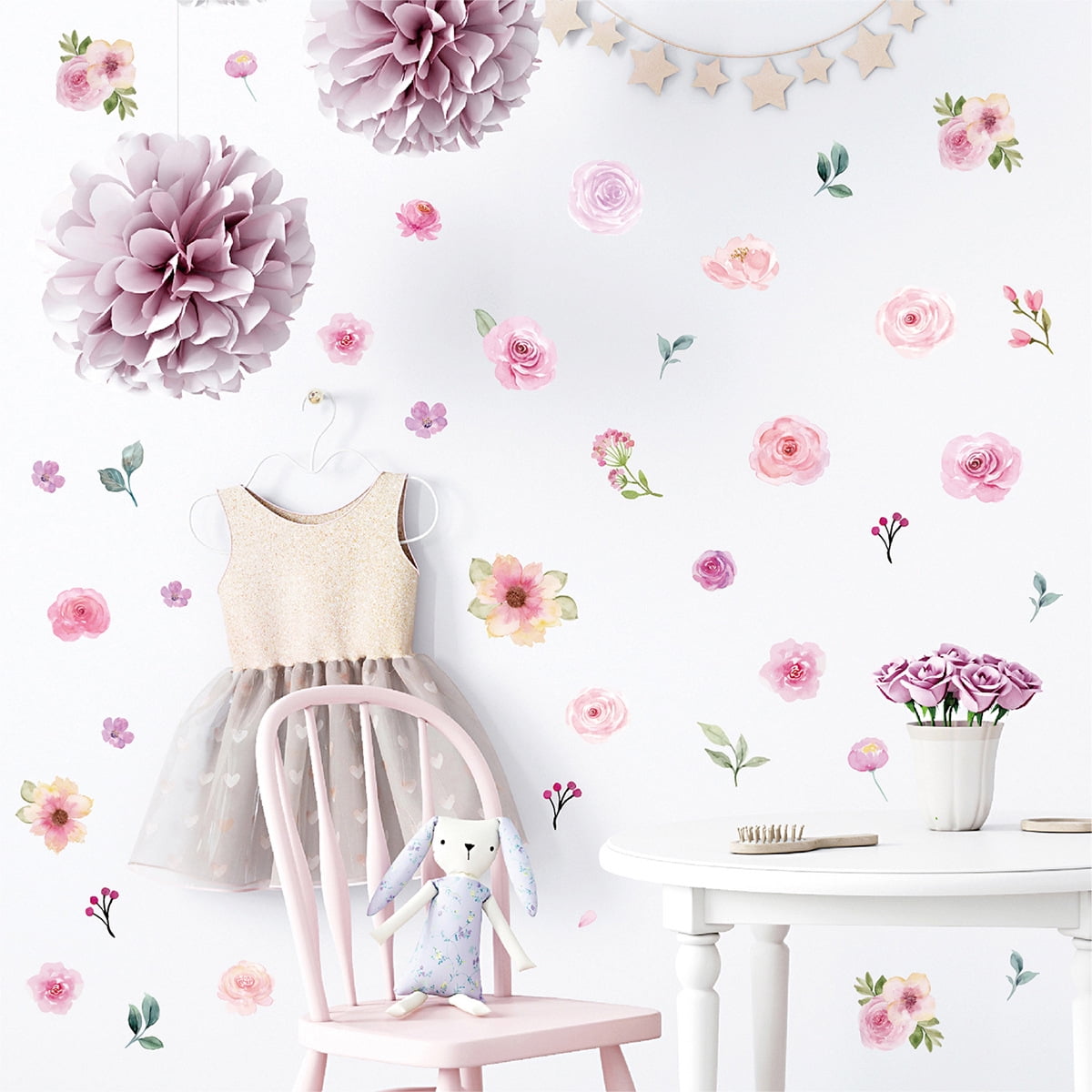 60 Pcs Pink Flowers Decals Wedding Party Wall Stickers Vinyl Peel and ...