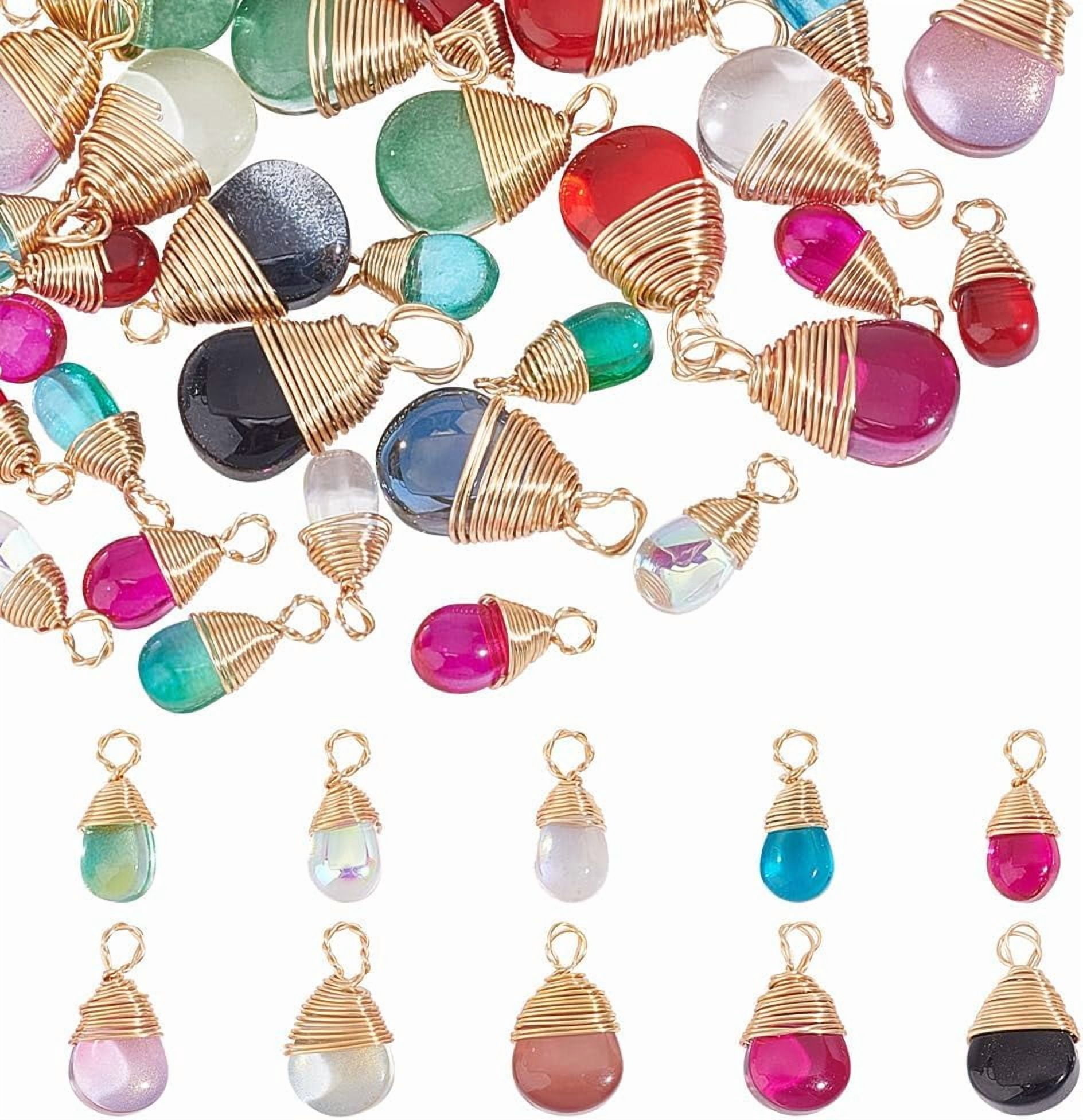 60 Pcs Real 18k Gold Plated Wire Wrapped Teardrop Charms 2 Sizes Glass ...
