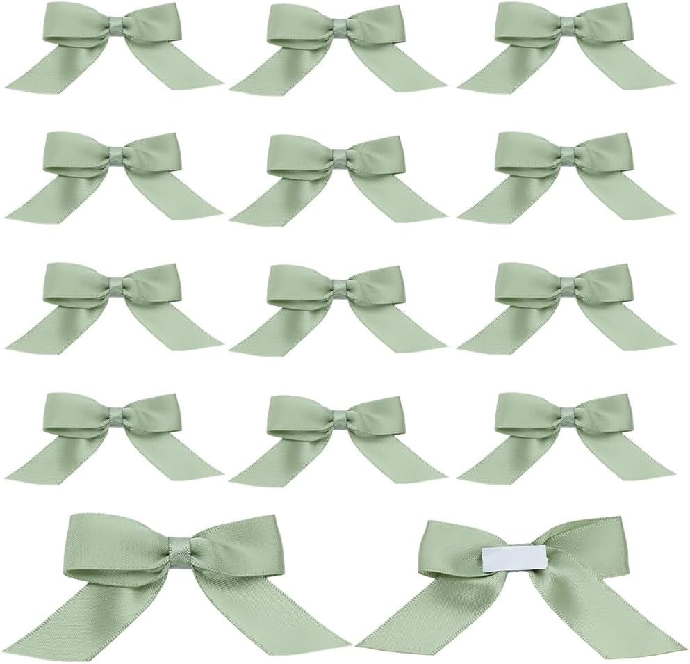 60 Pcs Sage Green Satin Ribbon Bows Polyester Self-Adhesive Bows Pre ...