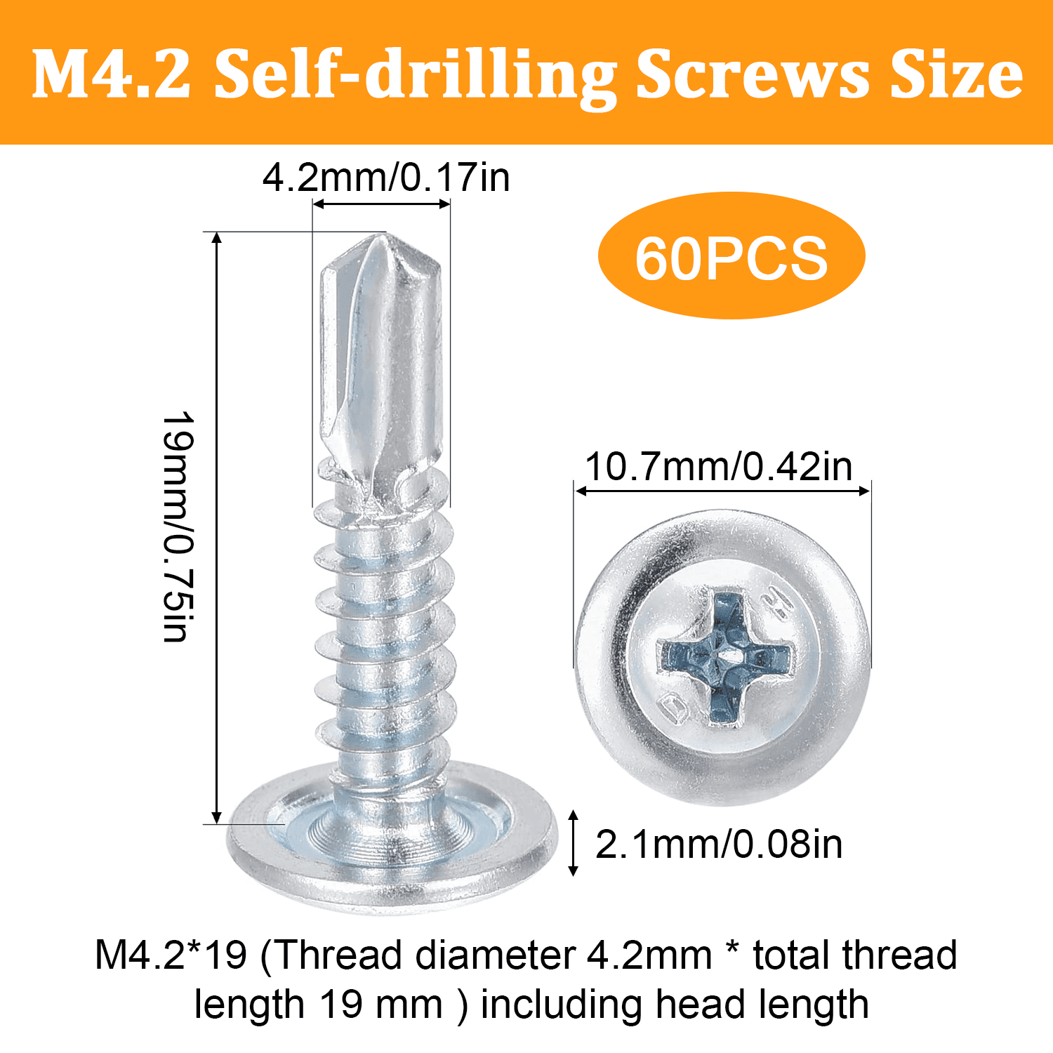 60 Pcs Self Drilling Screws, 4.2X19 Mm Metal Screws Self Tapping, Wafer ...