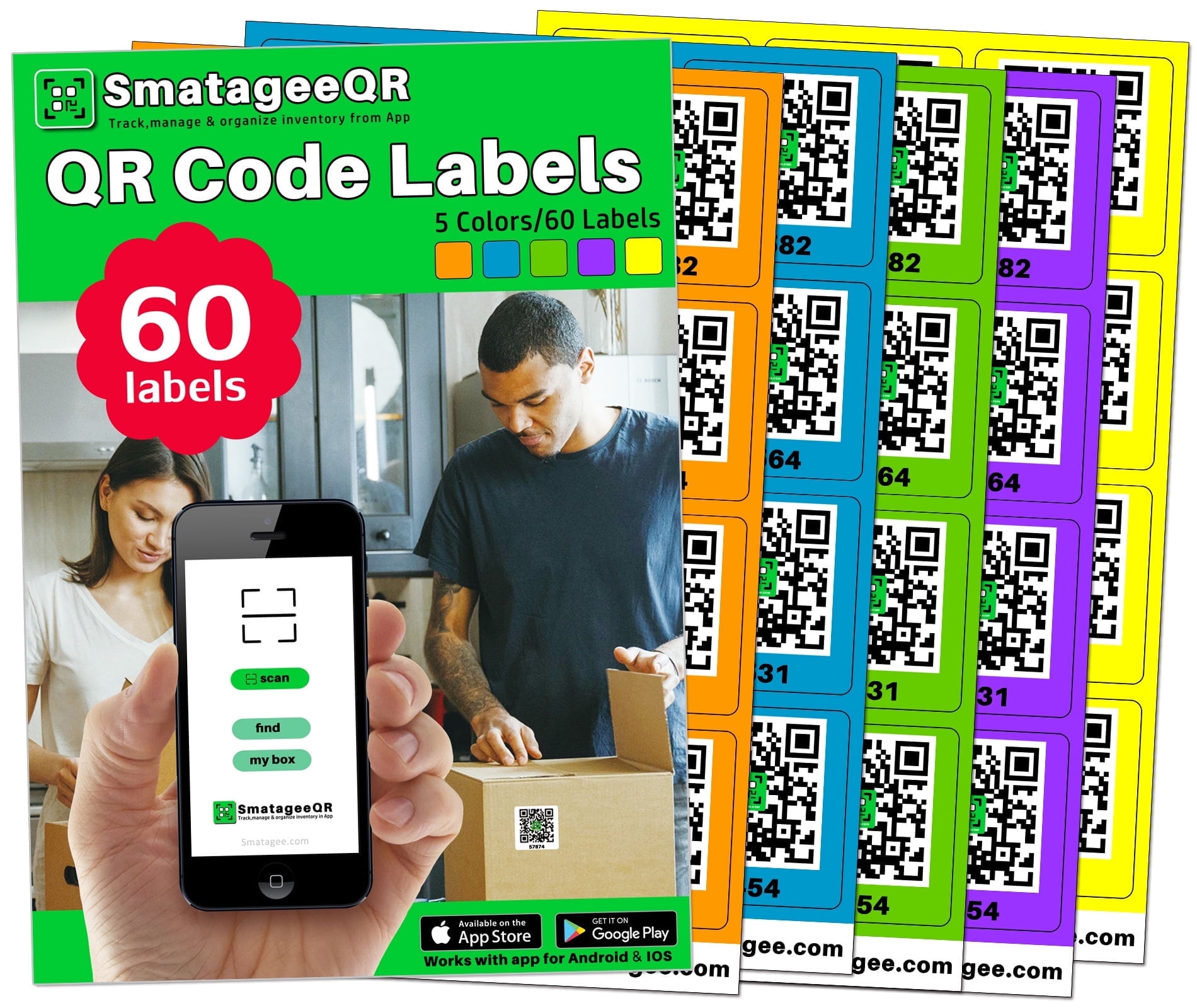 60 Pcs Smatagee Color Coded QR Code Labels for Storage Bins,Moving and ...
