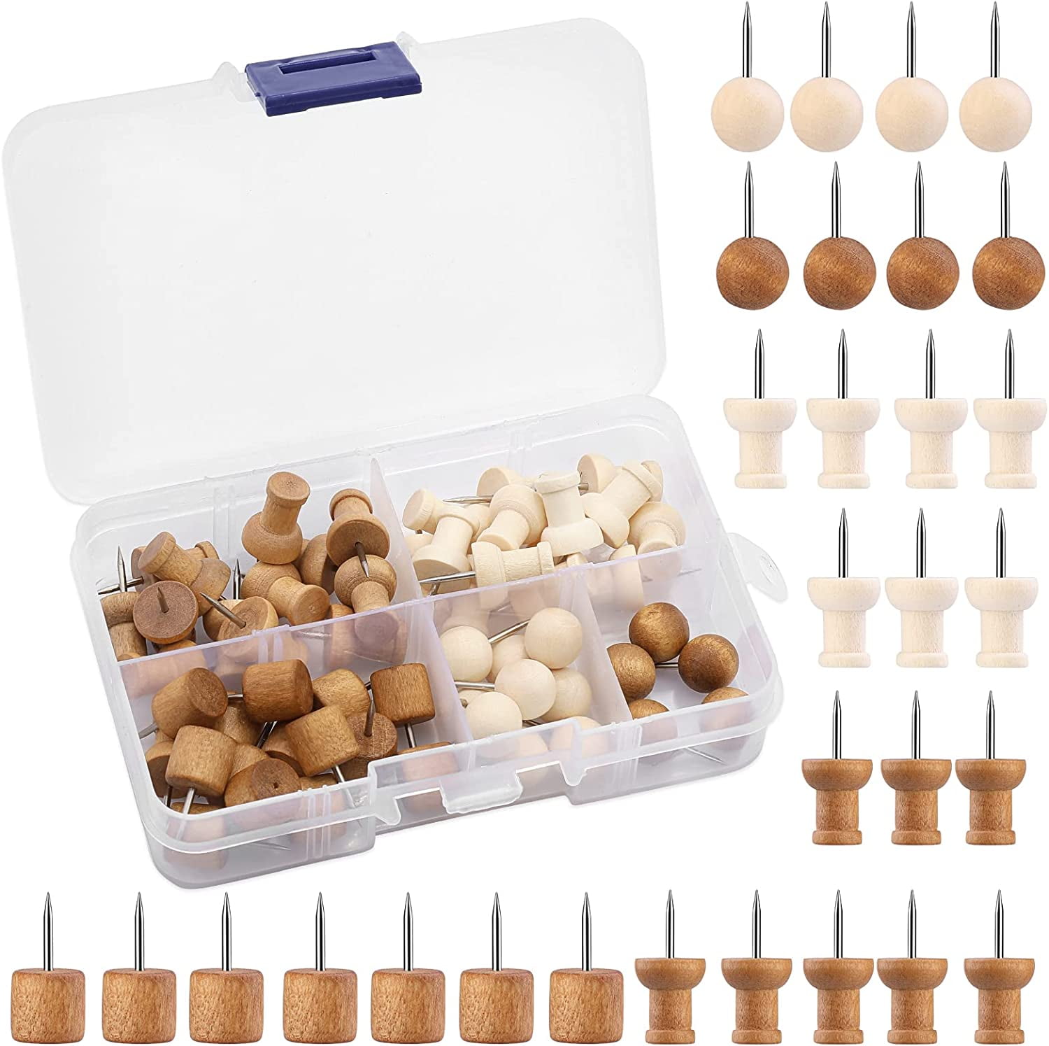 60 Pcs Wood Push Pins, 2 Colors and 5 Types Thumb Tacks Wooden Head Pin Wood Map Tacks Marking ...
