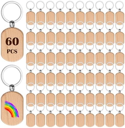 60 Pcs Wooden Keychain Blanks Wood Key Chain Bulk Rounded Square Blank ...