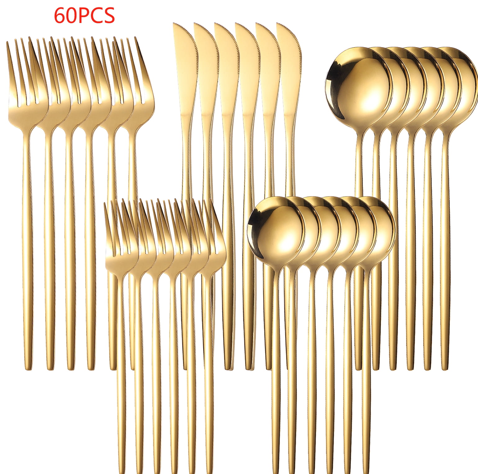 60 Piece Big Gold Silverware Set, Durable Stainless Steel Cutlery Set ...