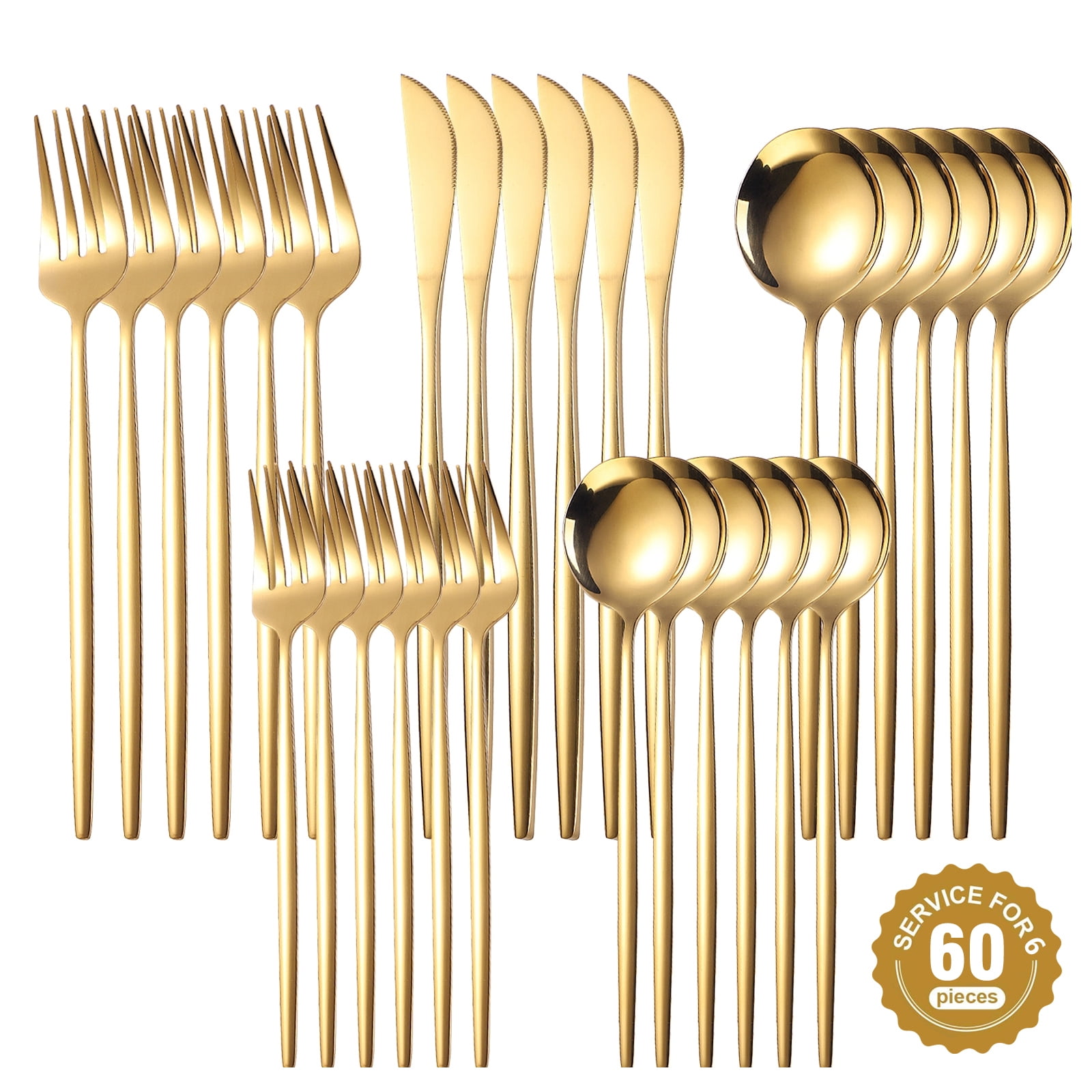 60 Piece Big Gold Silverware Set, Durable Stainless Steel Cutlery Set ...