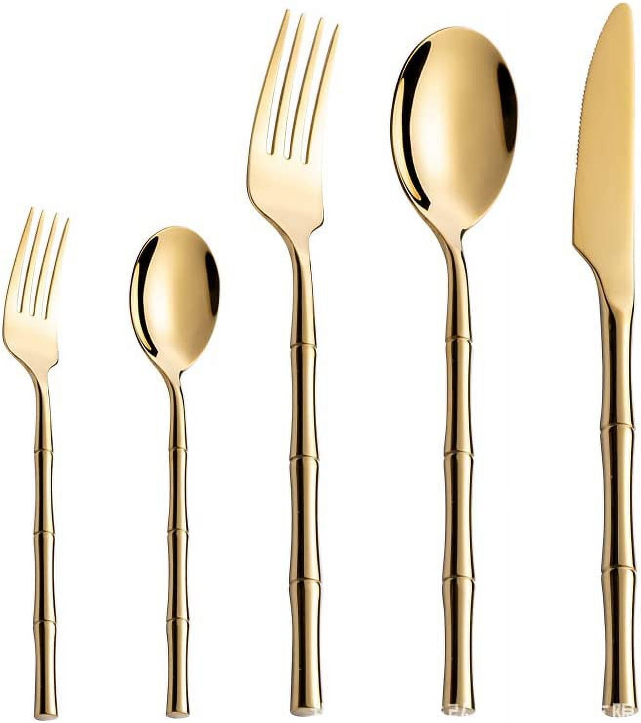 60 Piece Gold Bamboo Silverware Set for 12 Durable 18/10 Stainless ...
