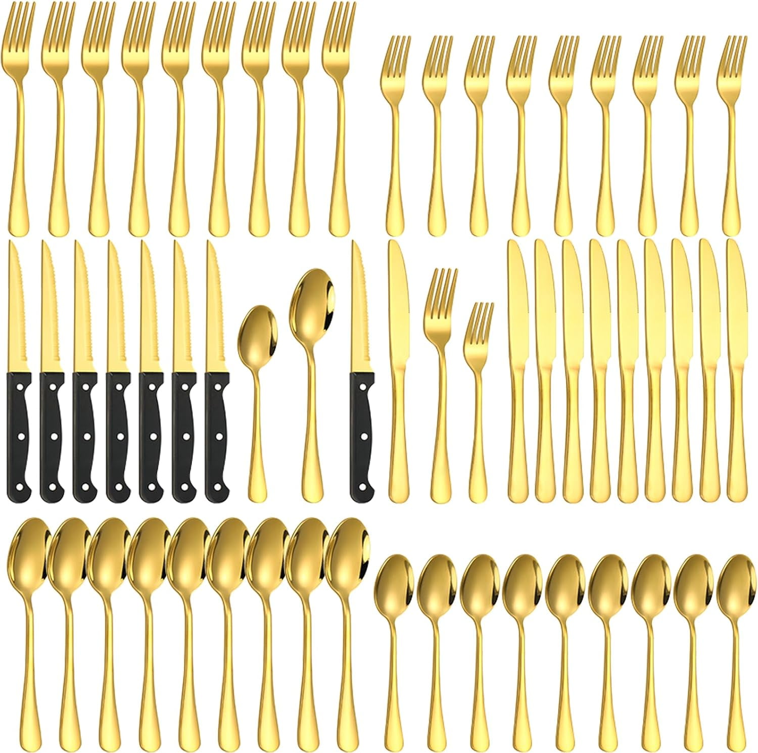 60-Piece Gold Silverware Set with Steak Knives Gold Stainless Steel ...