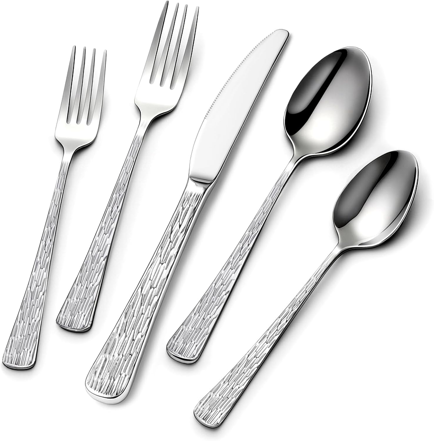 60-Piece Hammered Silverware Set for 12, Stainless Steel Flatware Set ...