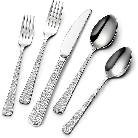 60-Piece Hammered Silverware Set for 12, Stainless Steel Flatware Set ...