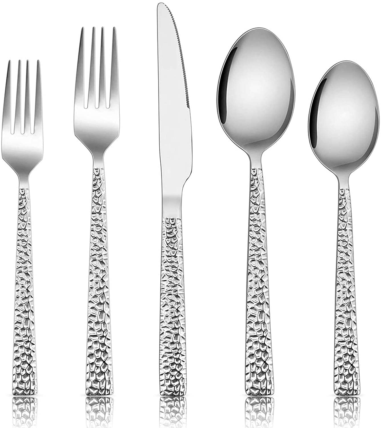 60-Piece Silverware Set, Hammered Stainless Steel Square Flatware ...