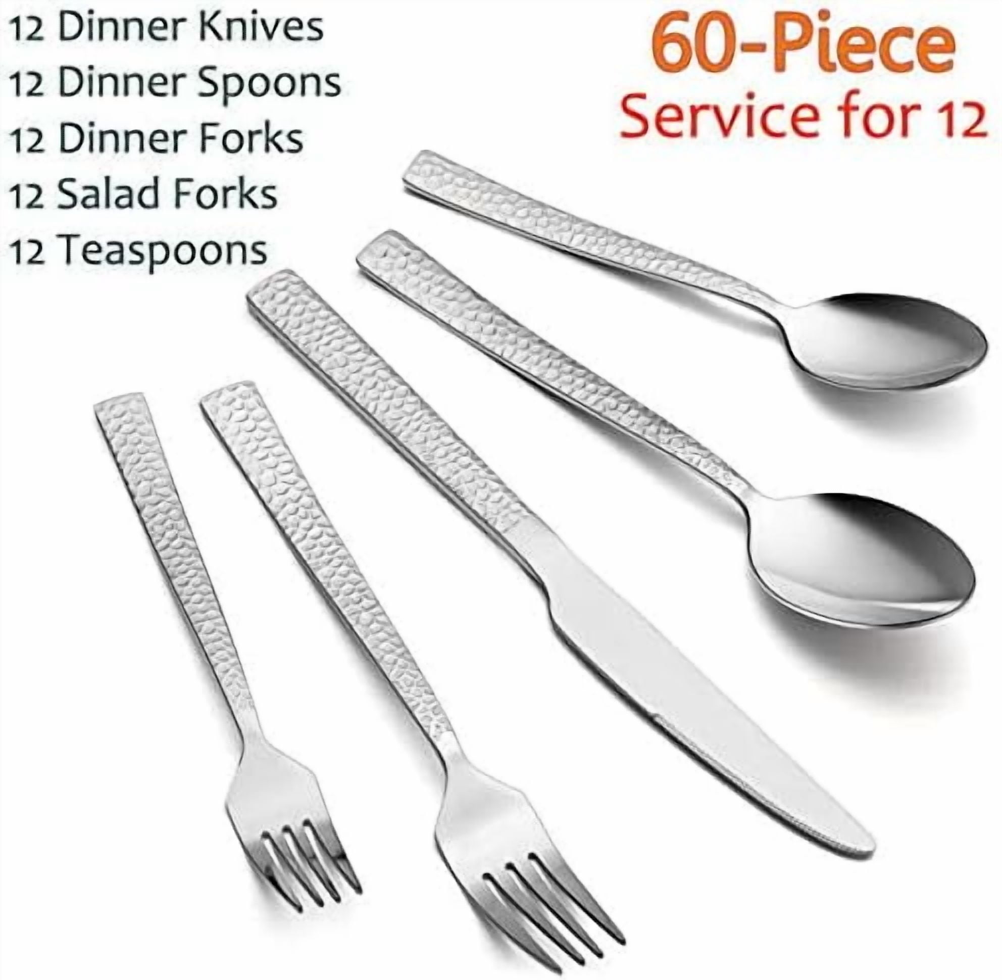 60-Piece Silverware Set, Hammered Stainless Steel Square Flatware ...