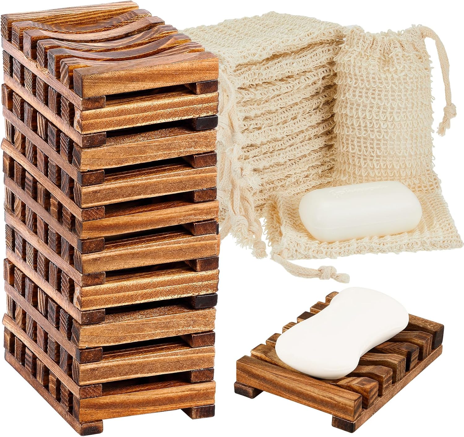 60-Piece Soap Saver Kit - Sisal Mesh Bags & Bamboo Wood Soap Holders ...