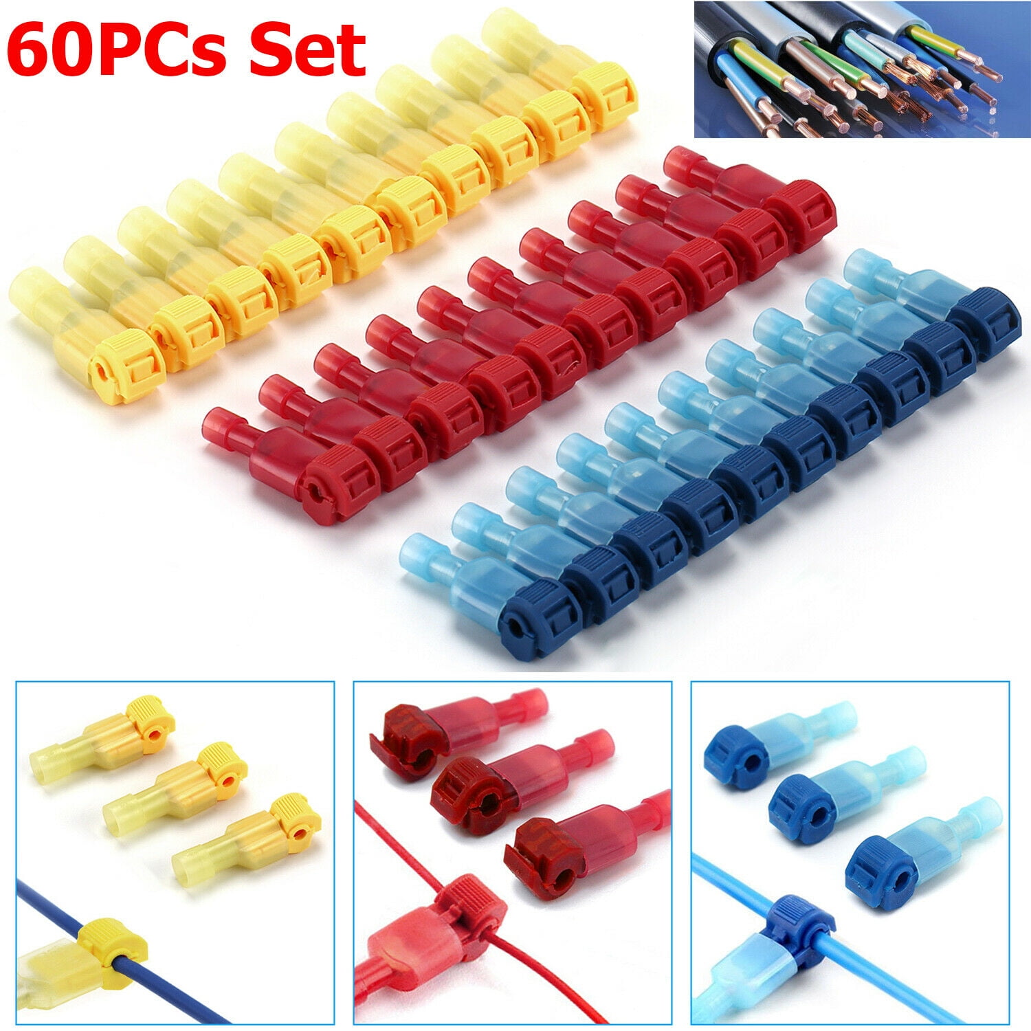 60 Pieces 22 10 AWG Insulated T Taps Connectors Combo Kit - Walmart.com