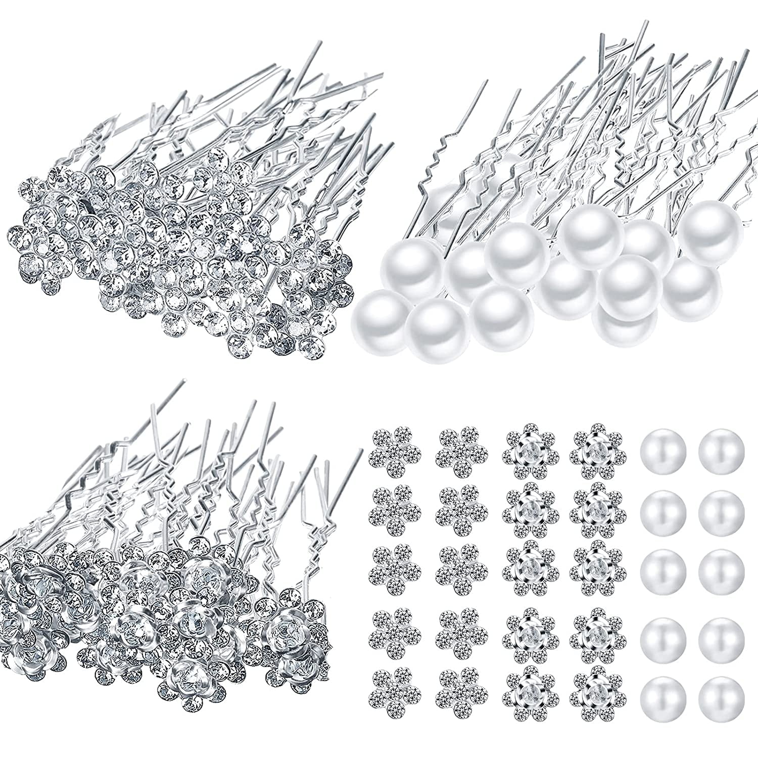 60 Pieces Bridal Hair Pins Accessories Pearl Rhinestone Flower U Shape ...