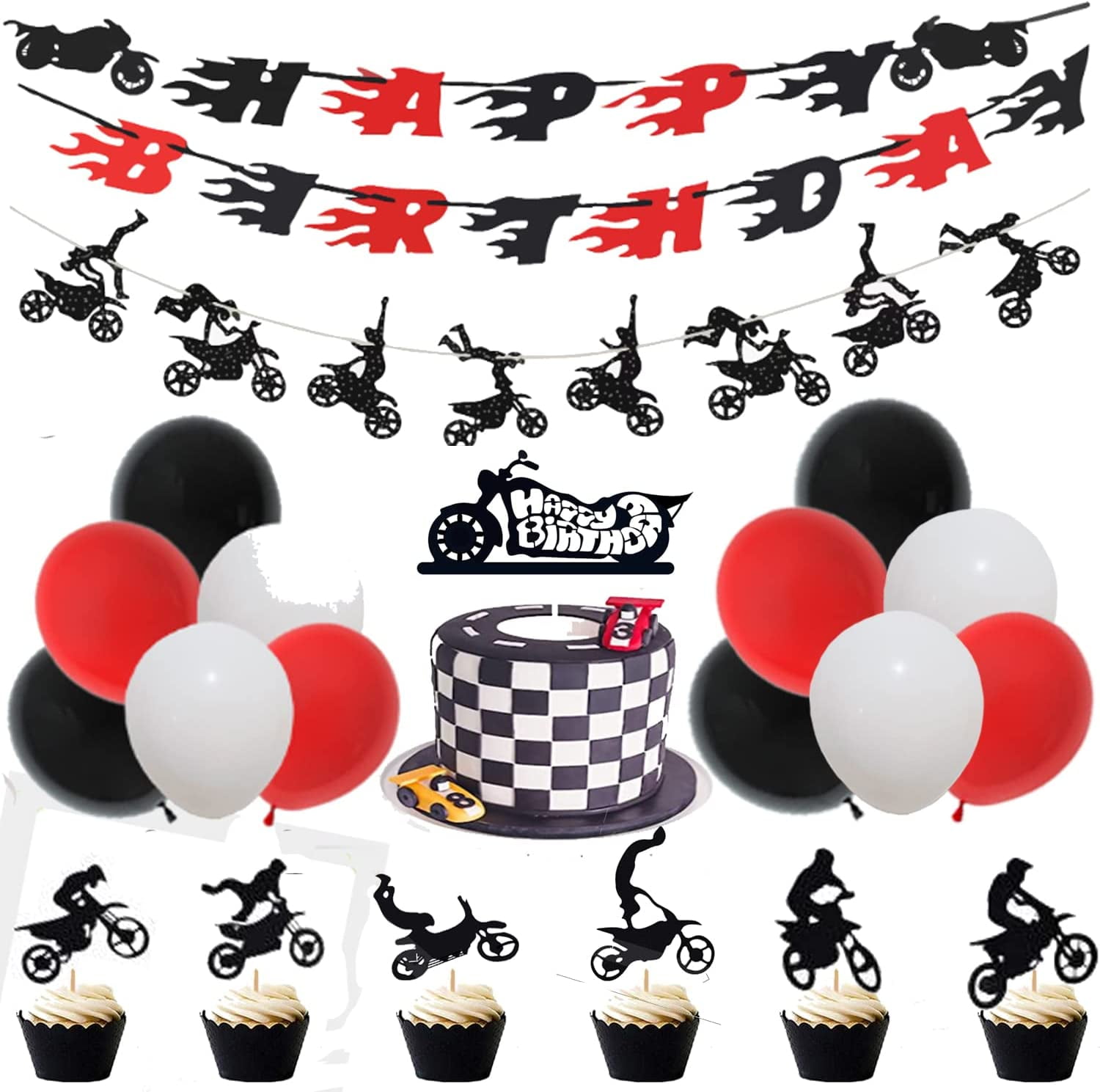 60 Pieces Dirt Bike Birthday Decoration Dirt Bike Party Supplies Banner Cake Cupcake Topper for ...
