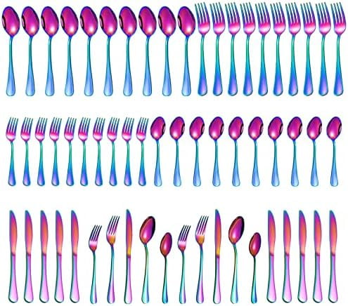 60 Pieces Rainbow Silverware set for 12, Colorful Stainless Steel ...