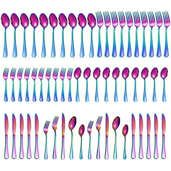 60 Pieces Rainbow Silverware set for 12, Colorful Stainless Steel ...