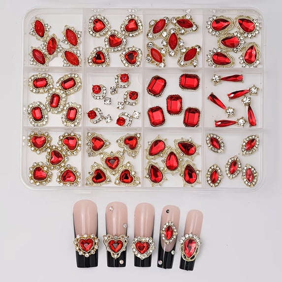 60 Pieces Red and Gold Heart Shape Nail Charms - Luxury Rhinestone Nail ...
