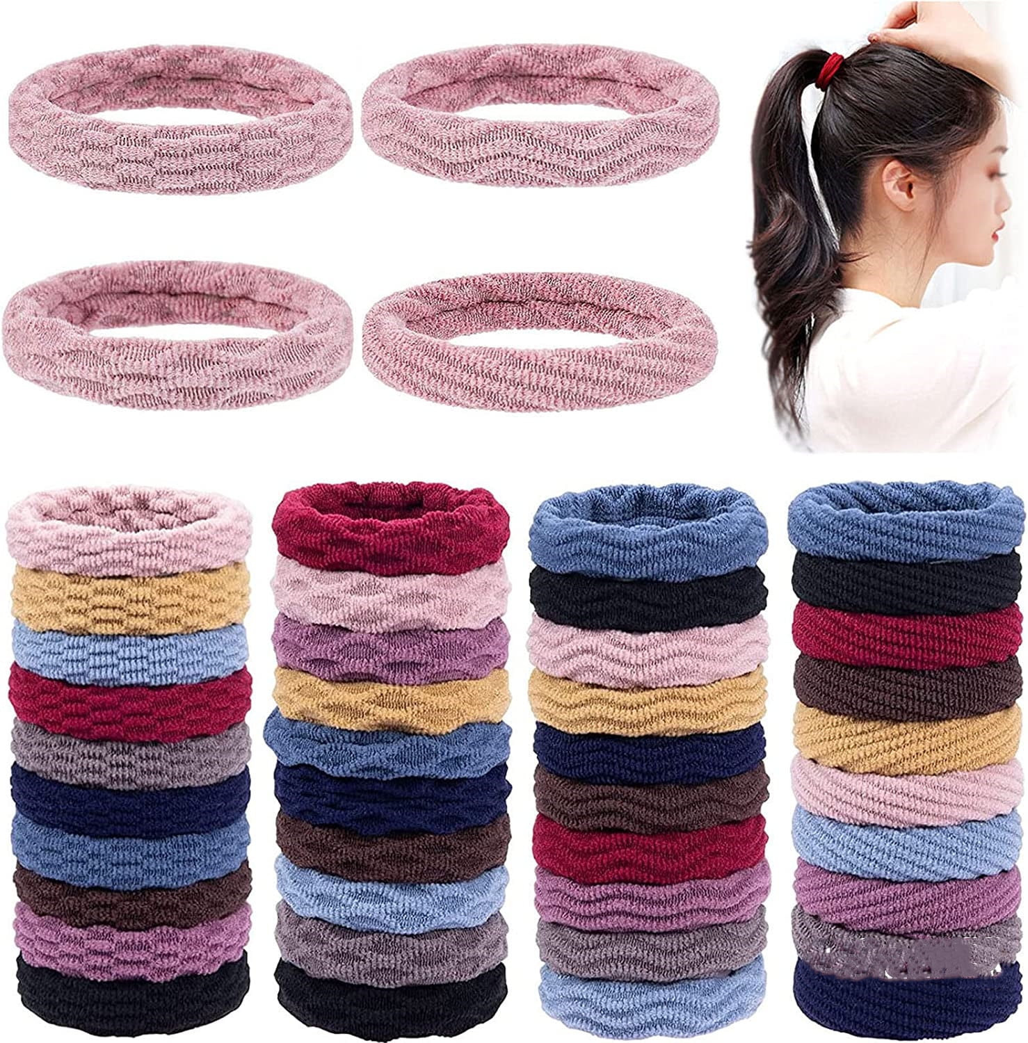 60 Pieces Seamless Hair Ties Ponytail Holders Thick Elastic Hair Tie Cotton No Crease Hair Band for Women Girl Thick Heavy and Curly Hair Light Weight