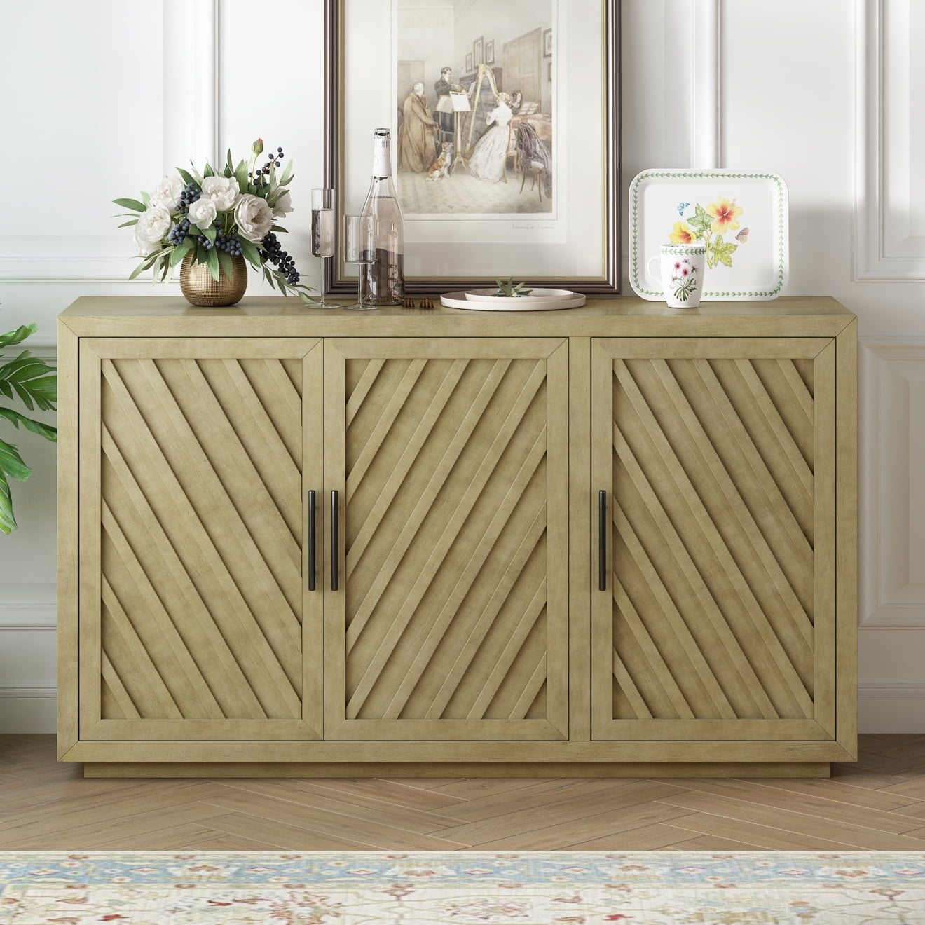 60" Retro Storage Sideboard, 3-Door Storage Cabinet with Adjustable ...
