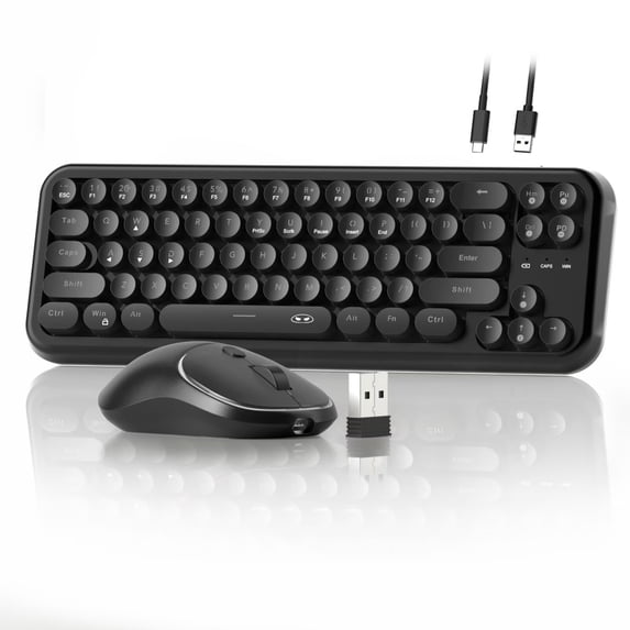 60% Retro Typewriter Round Wireless Keyboard and Mouse,2.4G RGB Backlit ...