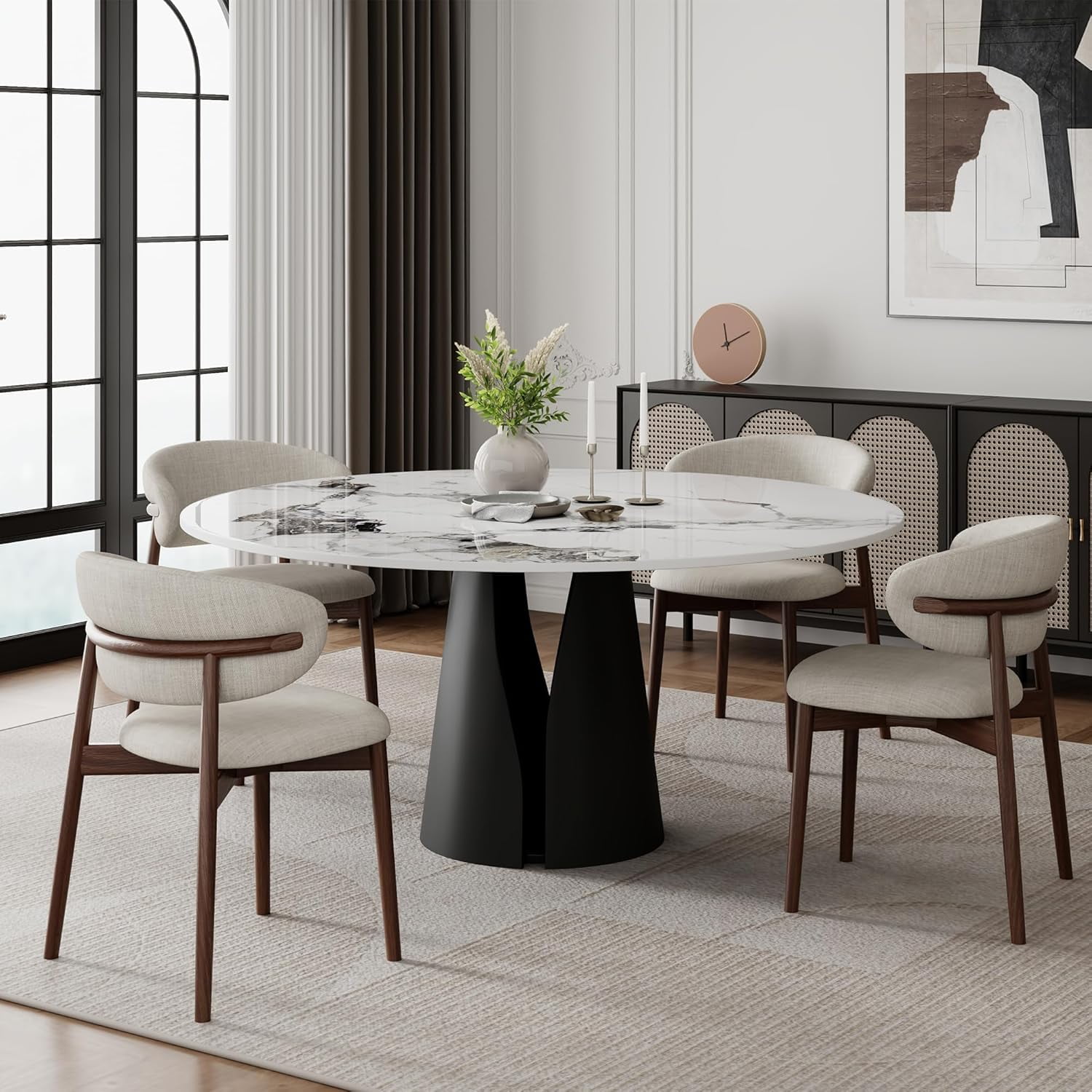 60" Round Dining Table for 6, Modern Dining Table with Black Metal Base ...