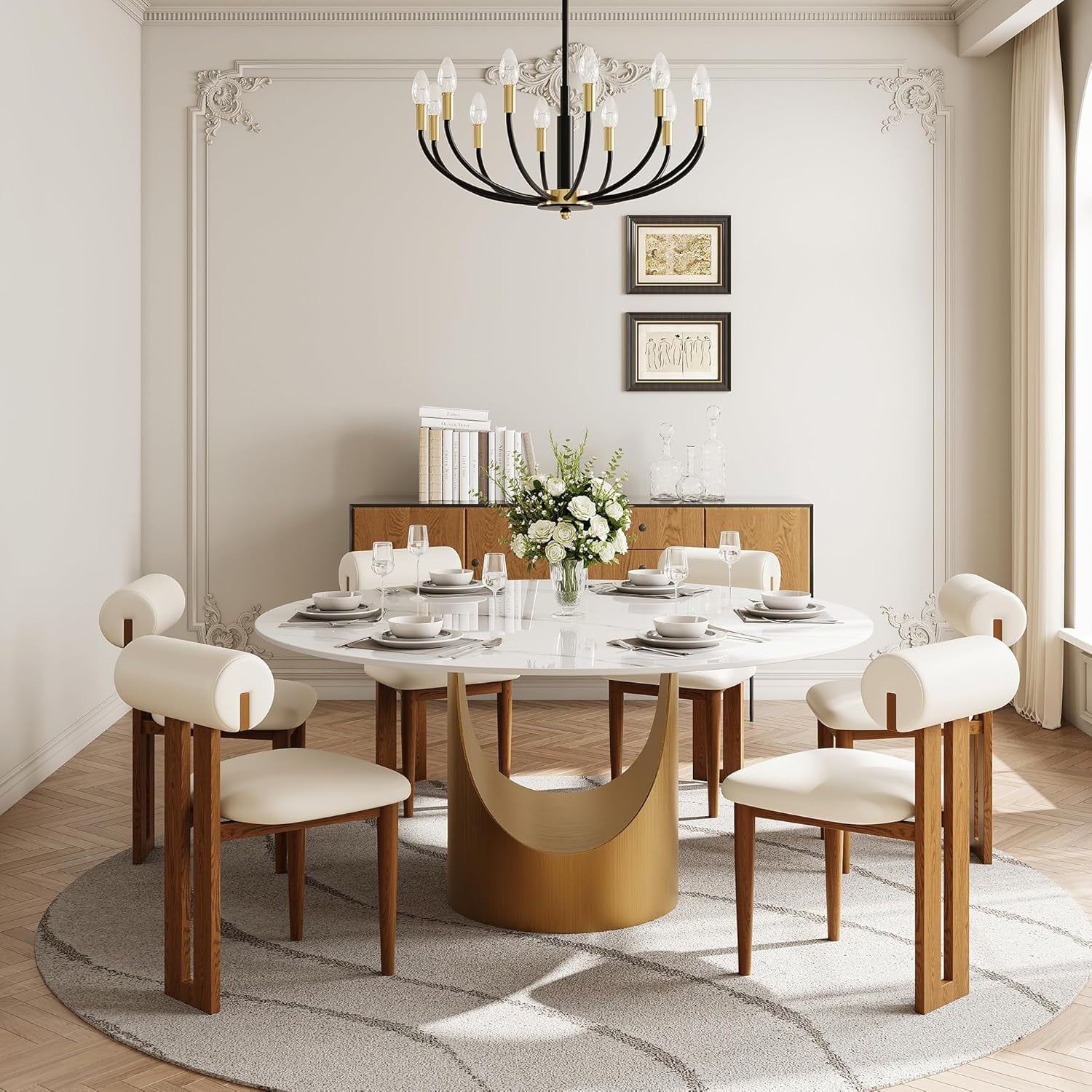60" Round Dining Table, Modern Dining Table for 6, Glossy White ...