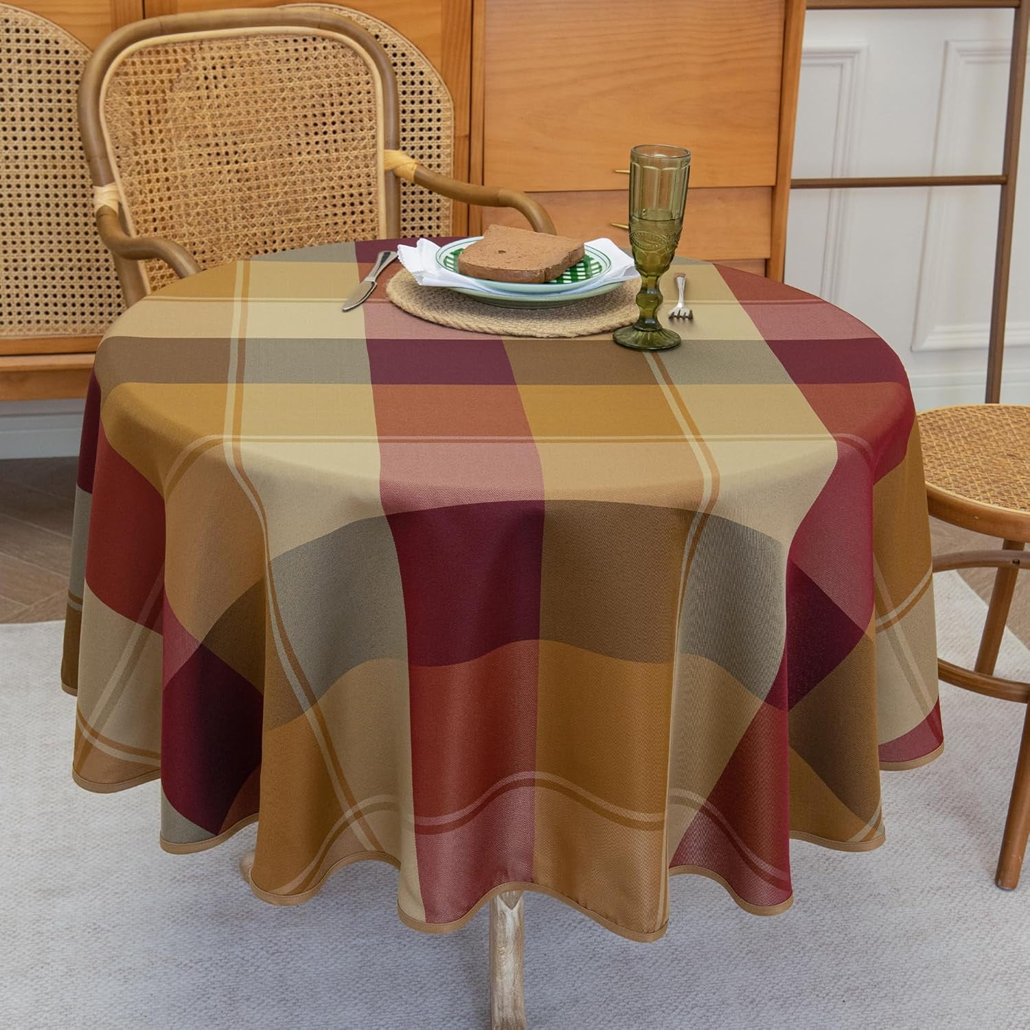 60" Round Polyester Plaid Tablecloth for Thanksgiving, Fall Table Cover ...