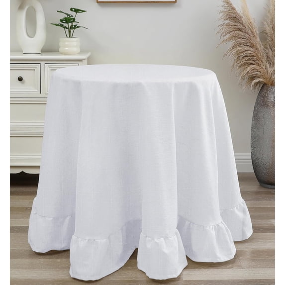 60" Round Rustic Linen Tablecloth with Ruffled Edge, Decorator Dining ...